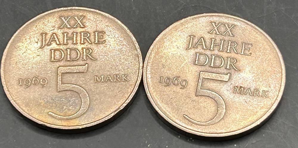 356. Varia-Auktion Nachverkauf | 2x 5 Mark-20 Jahre DDR 1969, vergoldet ...