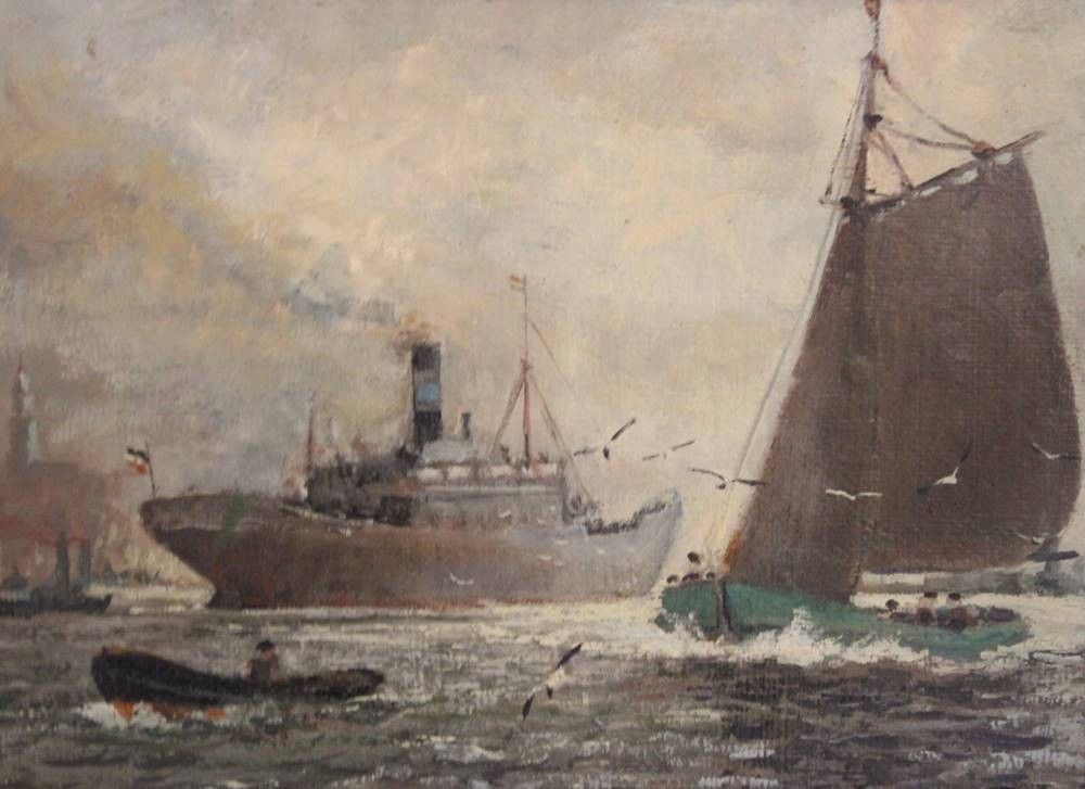 | Lothar SCHULZ-GOLDAP (1924), verso betitelt "Frachtdampfer der ...